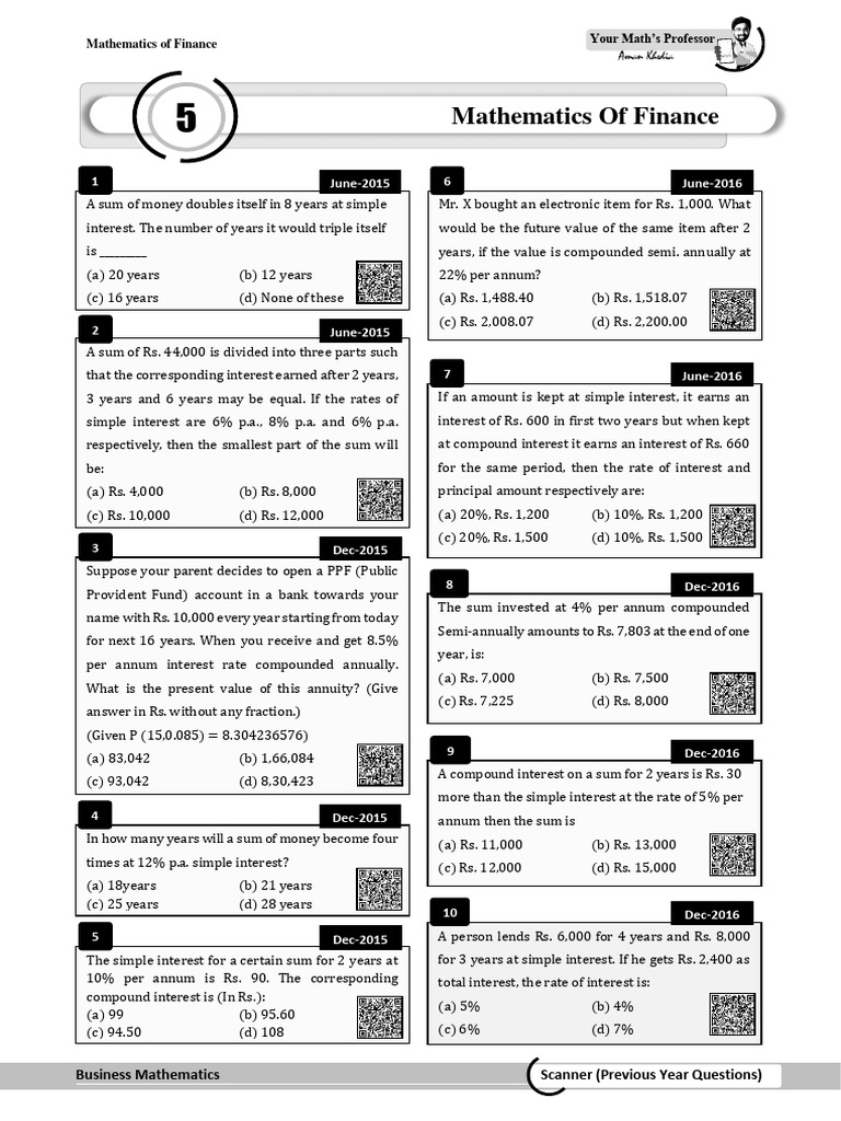 Mathematics of Finance Practice Questions | PDF | Interest | Present Value