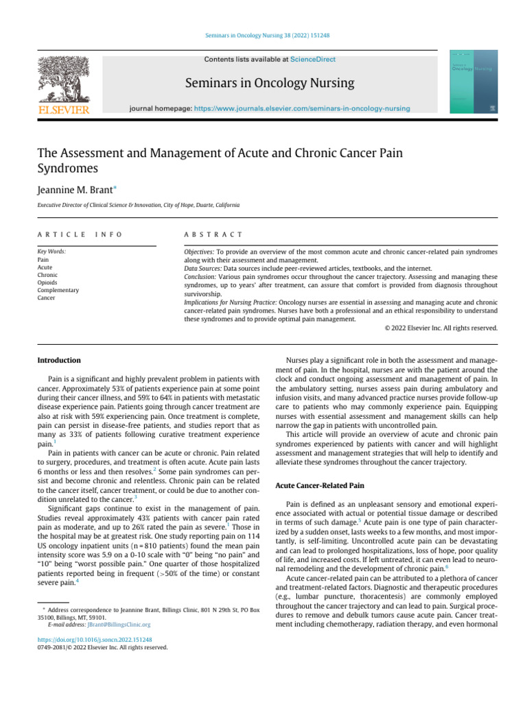 The Assessment and Management of Acute and Chronic Cancer Pain ...
