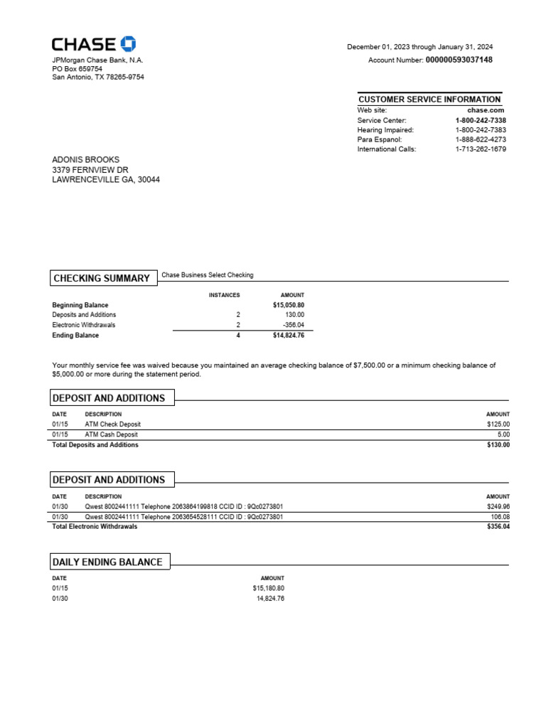 Adonis Brooks Account Statement Summary | PDF | Chase Bank | Banking ...