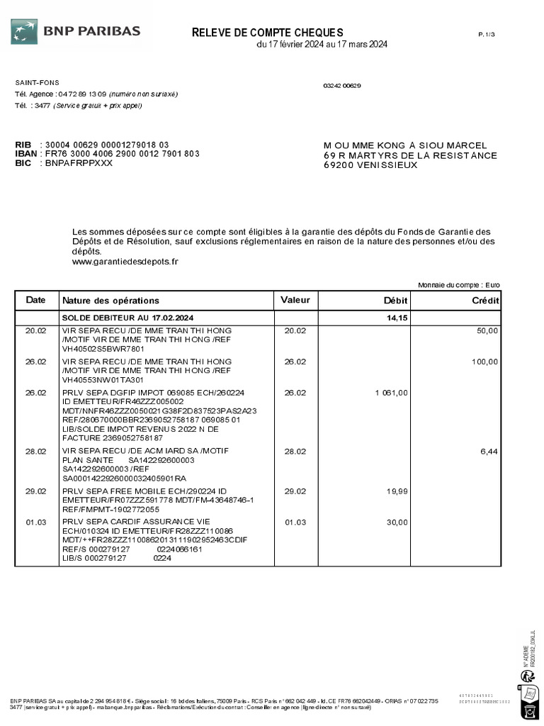 Relevé de Compte : Février-Mars 2024 | PDF | Technologie bancaire ...