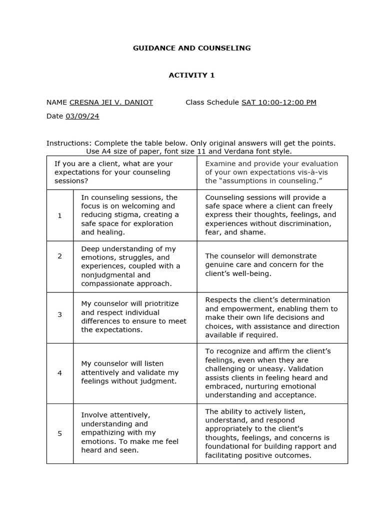 Counseling Assignment DANIOT | PDF | Feeling | Empathy