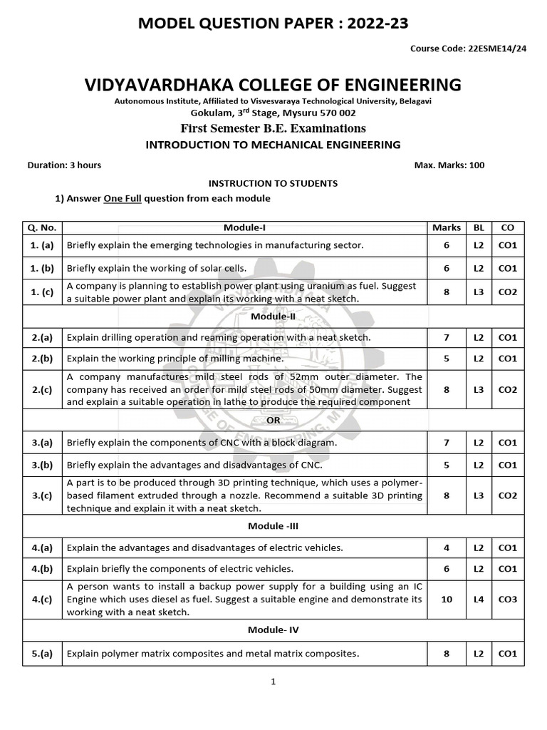 22ESME14-Introduction To ME - SEE Model Question Paper | PDF ...