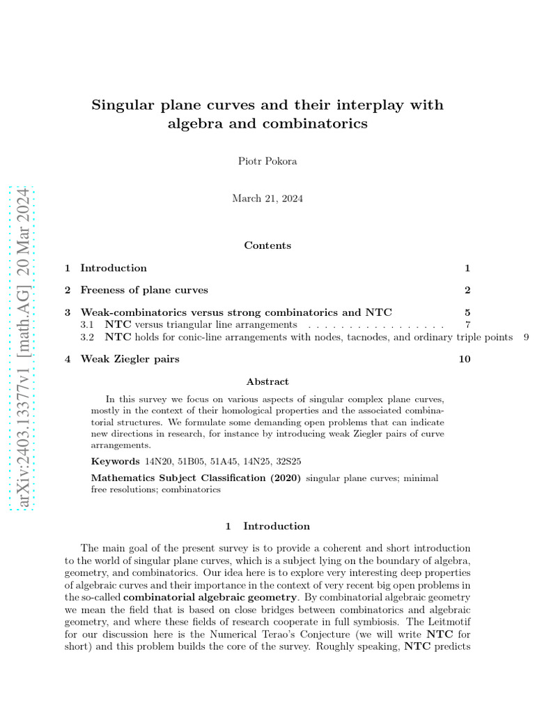 Singular Plane Curves & Combinatorics | PDF | Combinatorics | Curve