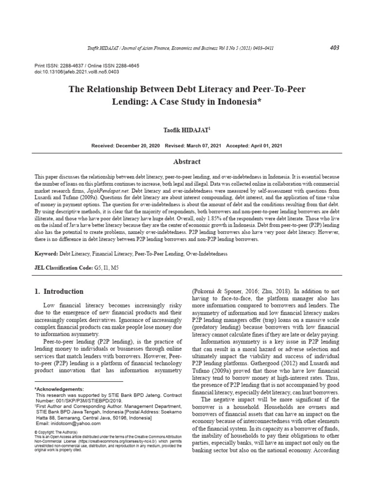 The Relationship Between Debt Literacy and Peer-To-Peer Lending_ A Case Study in Indonesia | PDF ...