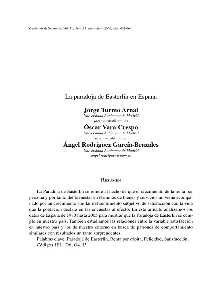 Paradoja de Easterlin ESPAÑA | PDF | Felicidad | Consumo (economía)