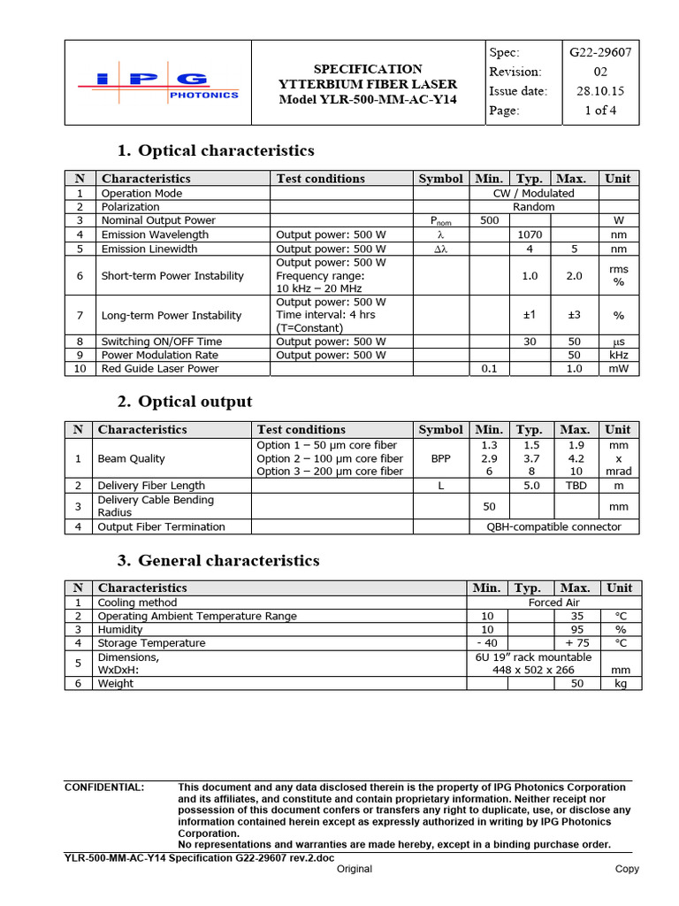 YLR-500-MM-AC-Y14 Specification G22-29607 Rev.2 | PDF | Laser | Optical ...