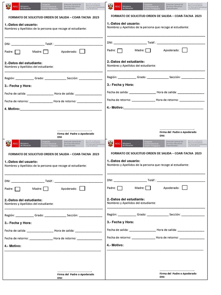 Formato Orden de Salidas Coar Tacna - 2023 | PDF