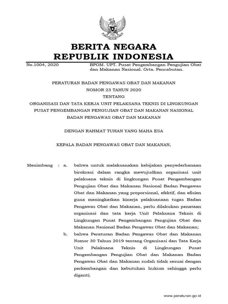 Peraturan BPOM Nomor 23 Tahun 2020 | PDF