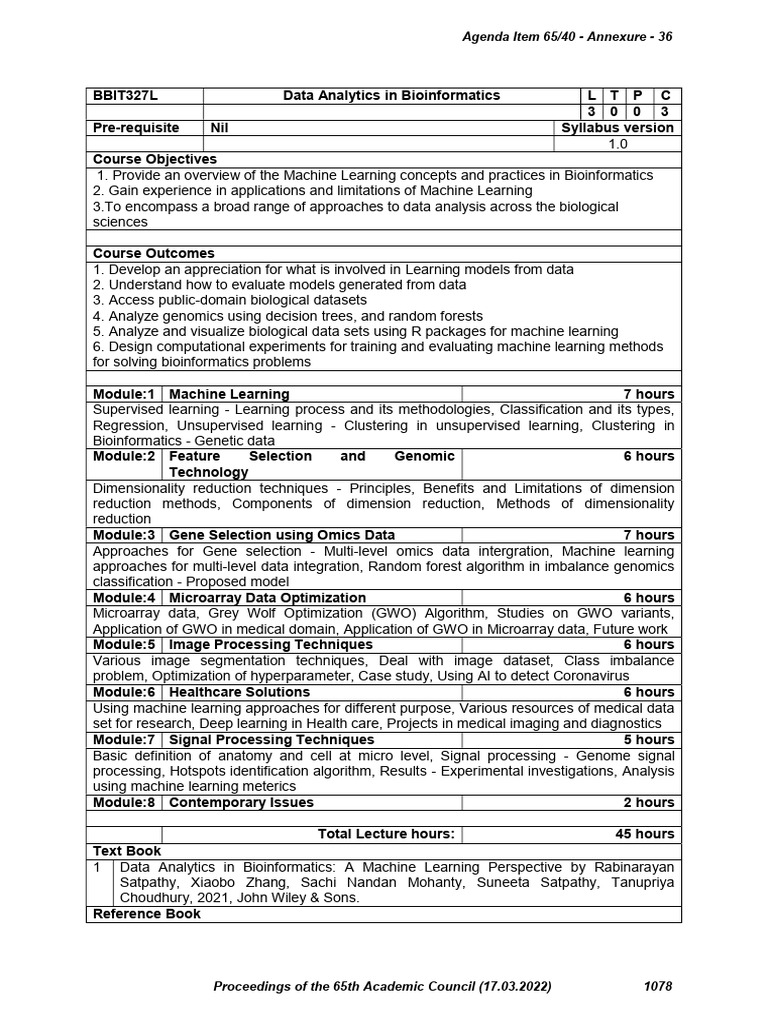 Bbit327l Data-Analytics-In-Bioinformatics TH 1.0 70 Bbit327l | PDF | Machine Learning ...
