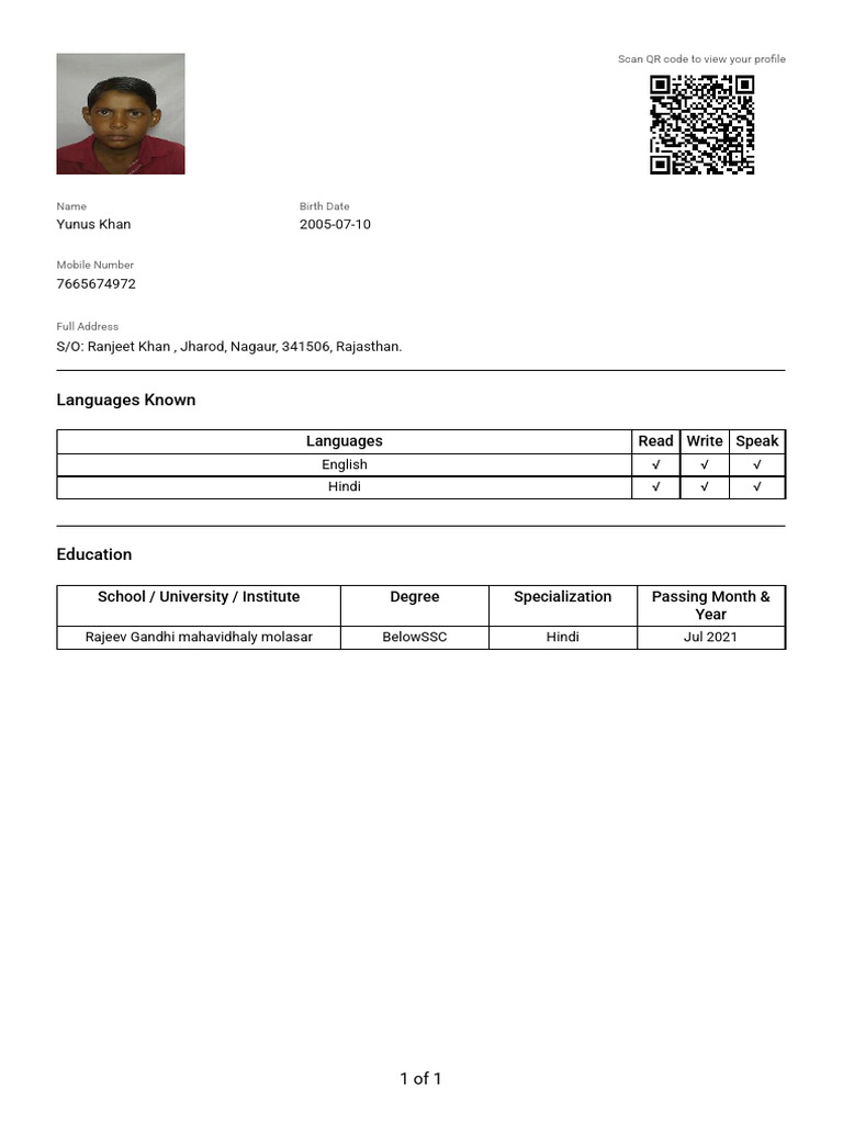 Profile Details for Yunus Khan | PDF