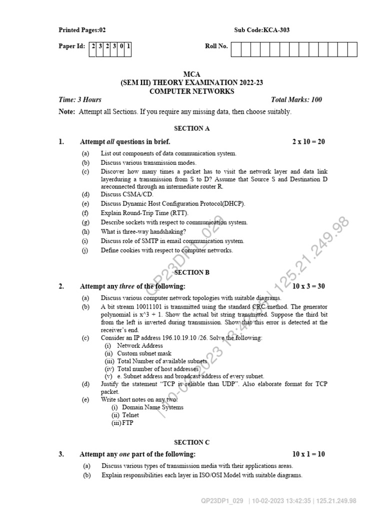 MCA Computer Networks Exam Paper 2023 | PDF | Internet Protocol Suite ...