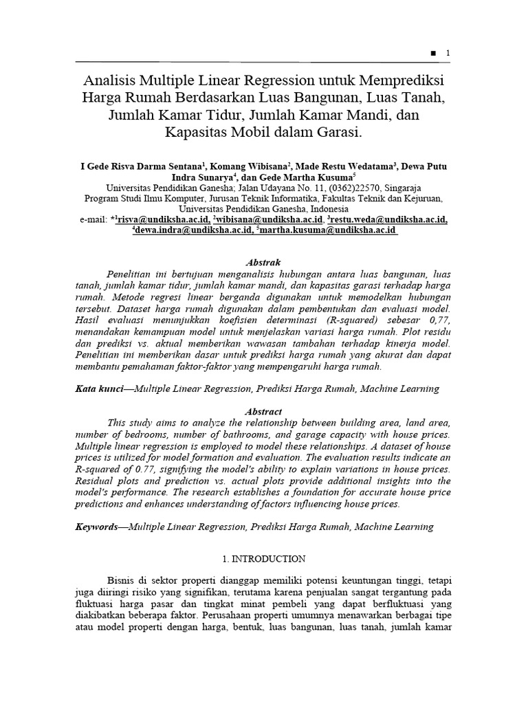 Analisis Multiple Linear Regression Untuk Memprediksi Harga Rumah Berdasarkan Luas Bangunan ...