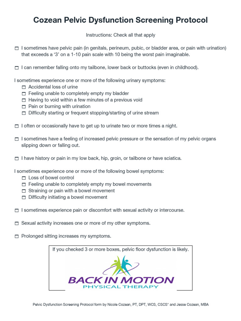 Pelvic Dysfunction Self-Screening | PDF | Self-Improvement | Wellness