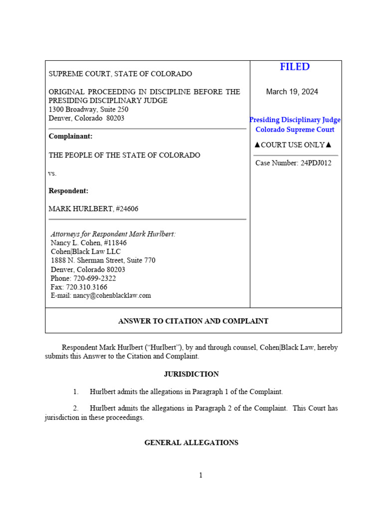 Mark Hurlbert's Response to Complaint | PDF | Complaint | Discovery (Law)