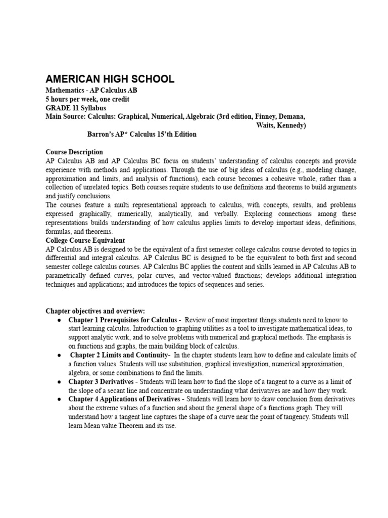 AP Calculus AB Grade 11 Curriculum Map 2022 2023 | PDF | Derivative ...