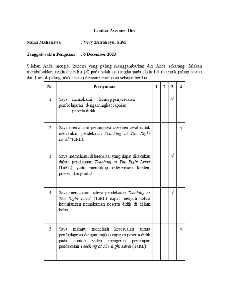 Vevy Zulrahayu - Eksplorasi Konsep Topik 3 - Lembar Asesmen Diri | PDF ...