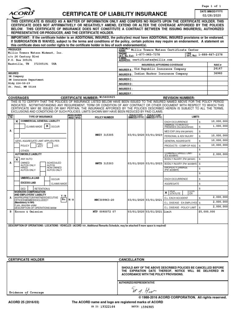 Certificate of Insurance - US | PDF | Liability Insurance | Private Law