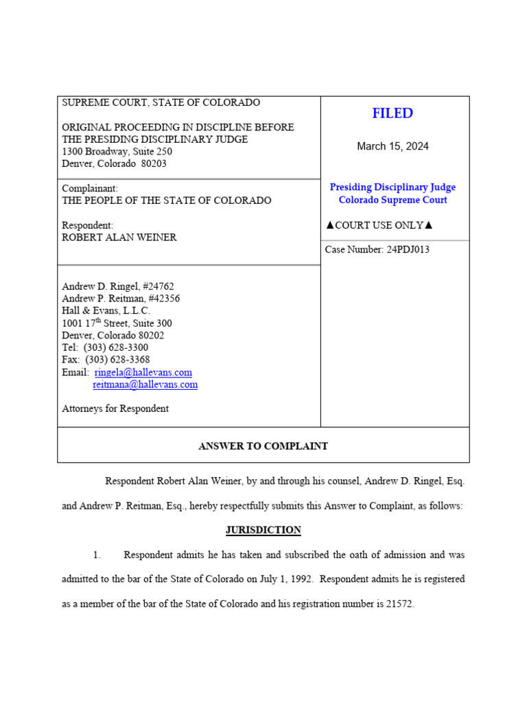 Robert Weiner - Answer To Complaint | PDF | Complaint | Discovery (Law)