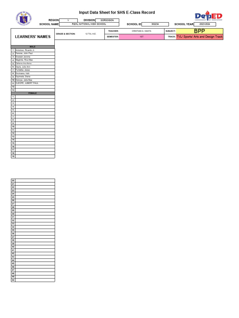 SHS E-Class Record 2023-2024 | PDF