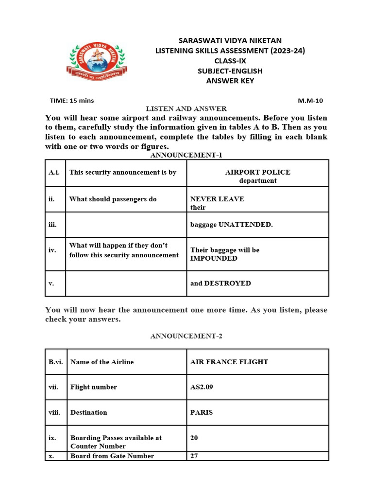 Class IX English Listening Skills Assessment | PDF