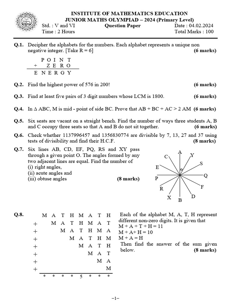JMO 2024 (5,6) Question Paper | PDF | Numbers | Arithmetic