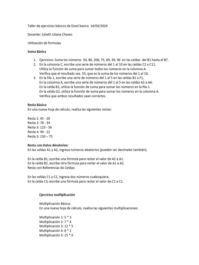 Taller de Ejercicios Básicos de Excel Basico 14 - 03 - 2024 | PDF