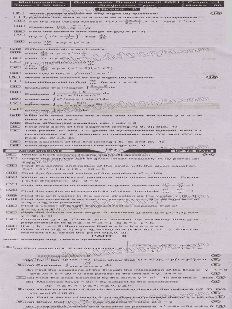 Past Papers 2021 Gujranwala Board Inter Part 2 Mathematics Group I ...