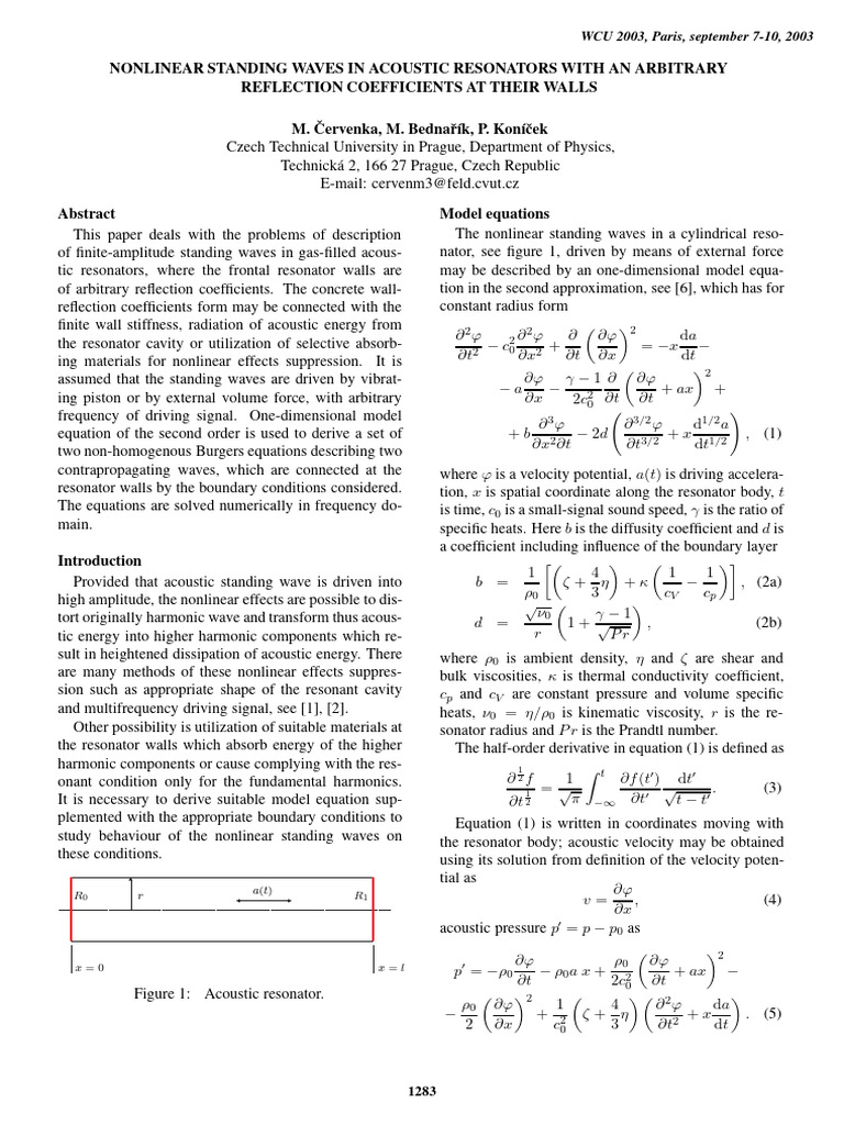 Nonlinear Standingwaves in Acoustic Resonators | PDF | Waves | Viscosity