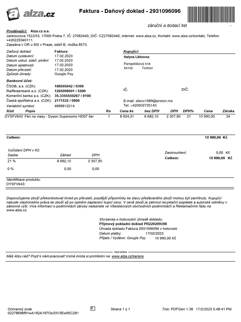 Faktura Daovy Doklad 2927116041 Alza CZ As - Compress244 | PDF