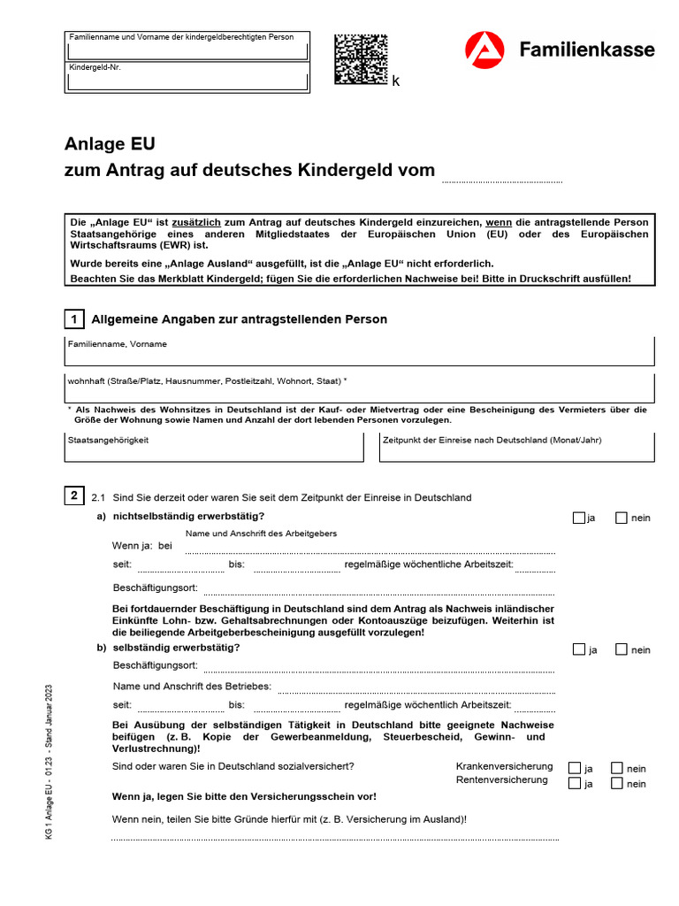 Anlage Eu Zum Hauptantrag Kindergeld Kg1 Aneu Ba900063 | PDF