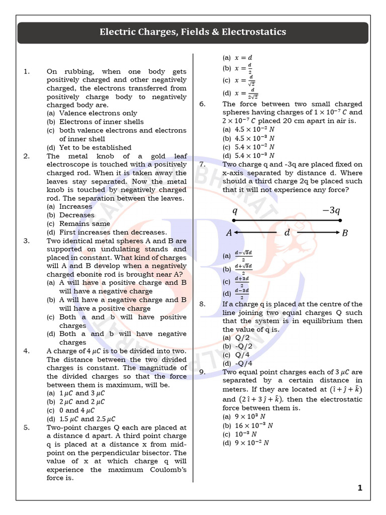 Electric Charges & Electrostatics_50 Qs | PDF | Electric Field ...
