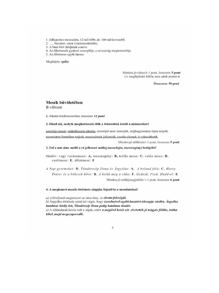 Irodalom 5. Osztály Felmérő | PDF