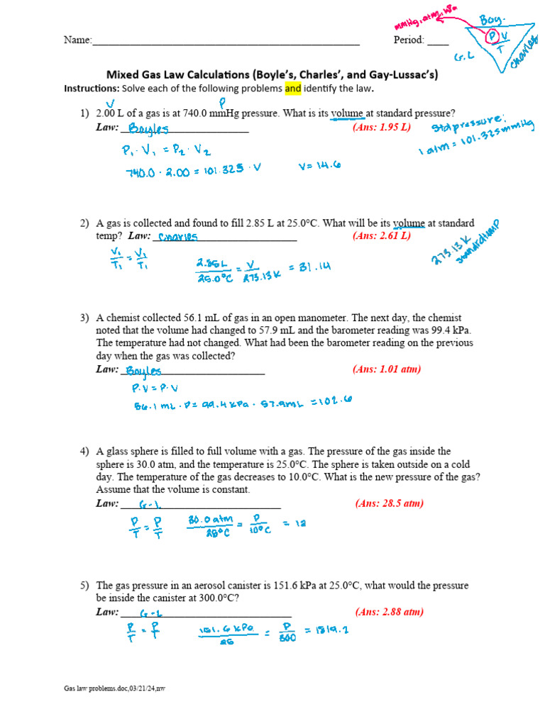 Mixed Gas Law Calculations Guide | PDF | Gases | Pressure