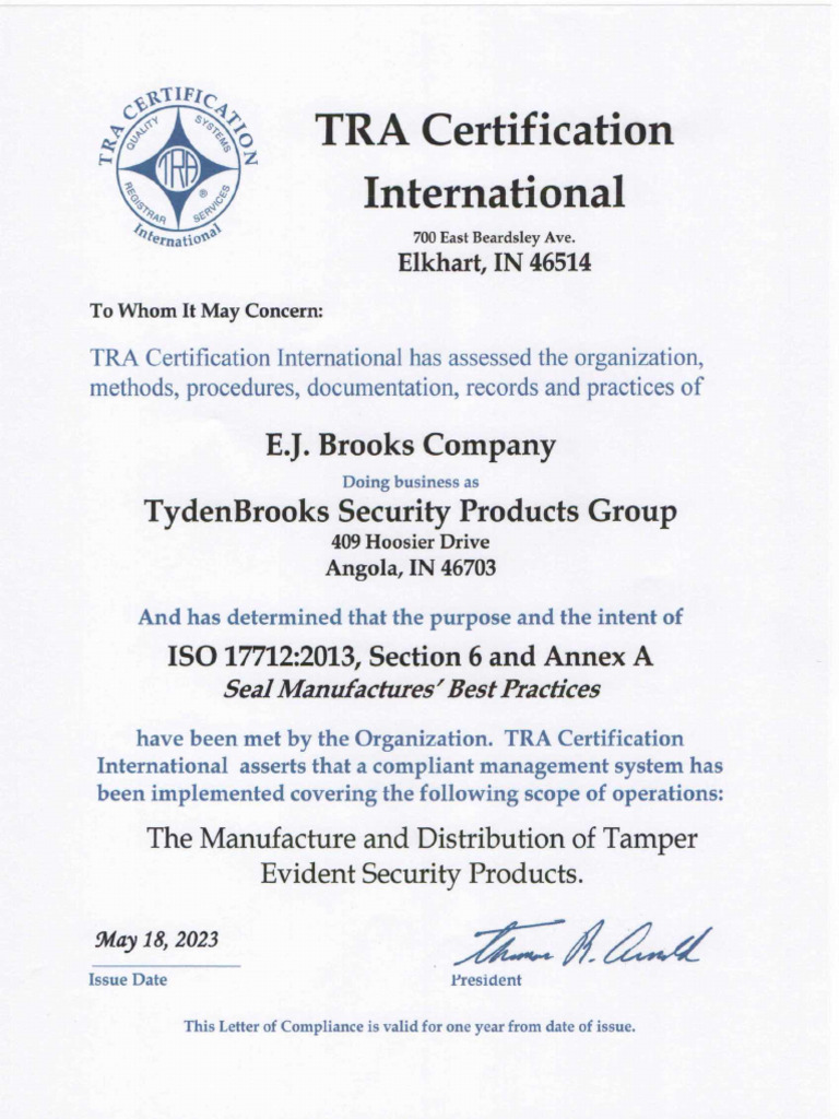 TydenBrooks ISO 17712 Cert | PDF