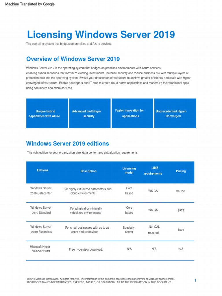 Windows Server 2019 Licensing Datasheet ESP | PDF | Cloud Computing | Microsoft Azure