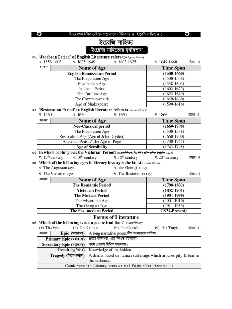 Topic Based Question Bank (Only BCS) | PDF | English Literature | Poetry