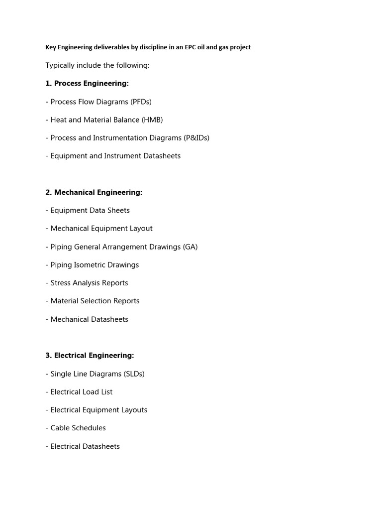 Key Engineering deliverables by discipline in an EPC oil and gas project | PDF