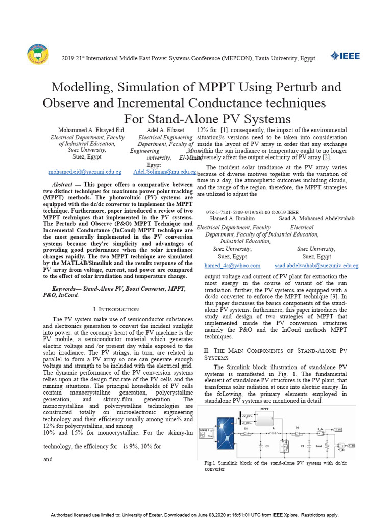Modelling, Simulation of MPPT Using Perturb and Observe and Incremental Conductance Techniques ...