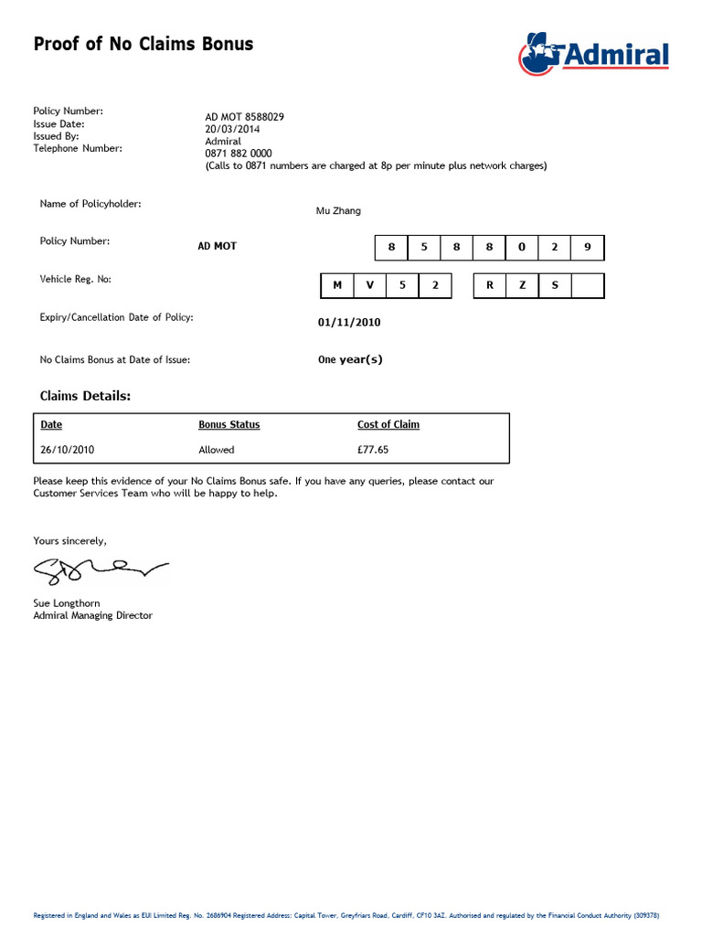 Proof of No Claims Bonus Admiral | PDF