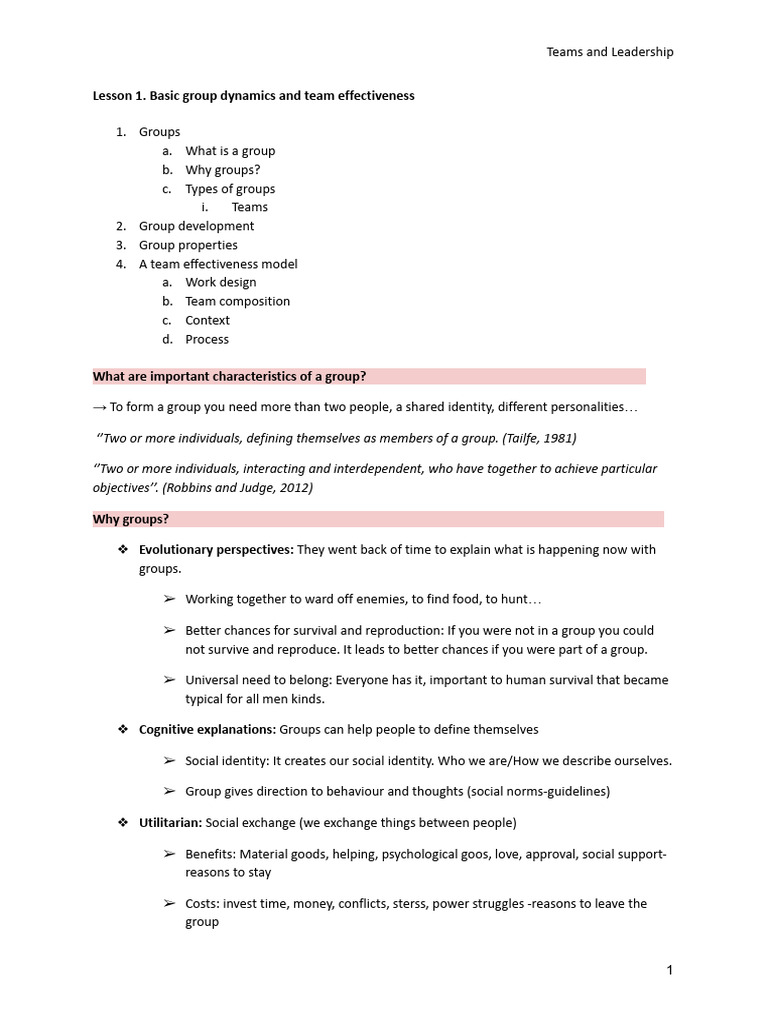 Lesson 1. Basic Group Dynamics and Team Effectiveness | PDF | Group ...