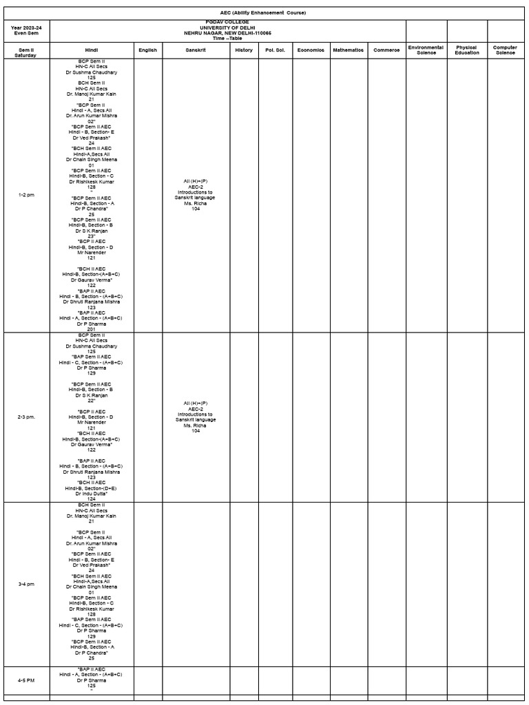 Students Timetable Even Sem 2023-24 - AEC | PDF