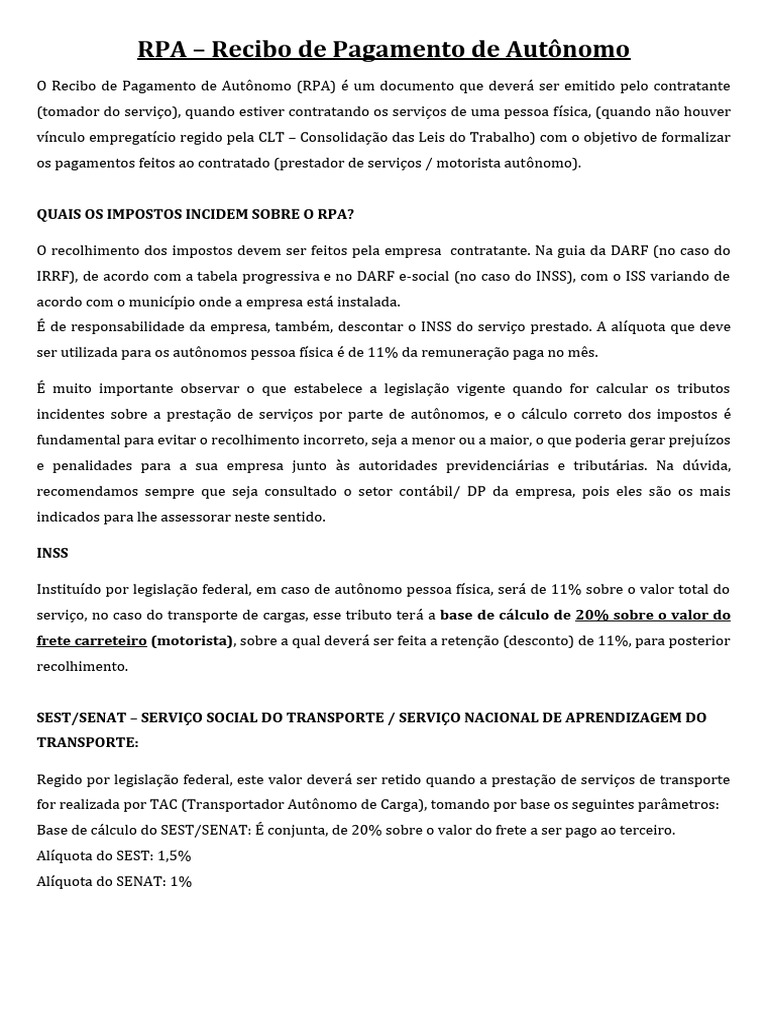 RPA - RECIBO PAGAMENTO AUTONOMO | PDF | Imposto de Renda | Impostos