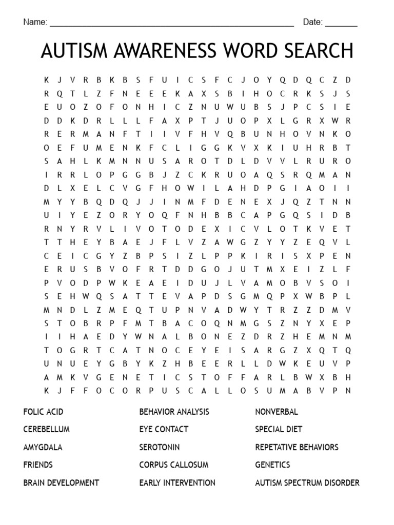 Autism Awareness Word Search Puzzle | PDF | Psychology ...