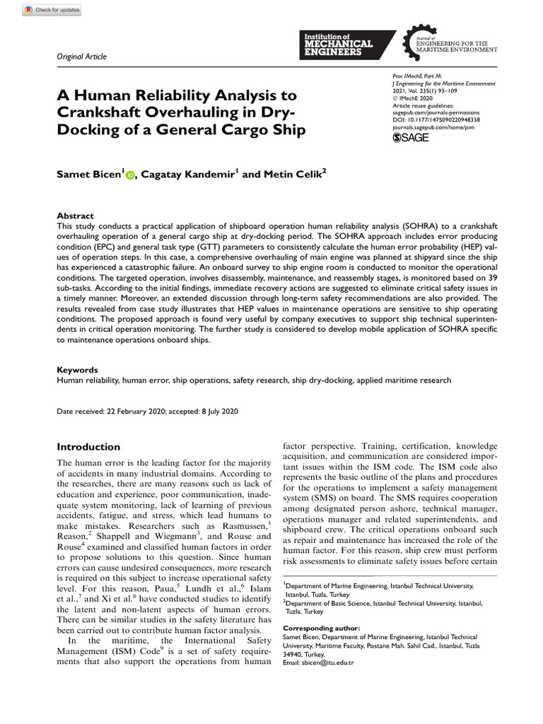 Bicen Et Al 2020 A Human Reliability Analysis To Crankshaft Overhauling in Dry Docking of A ...
