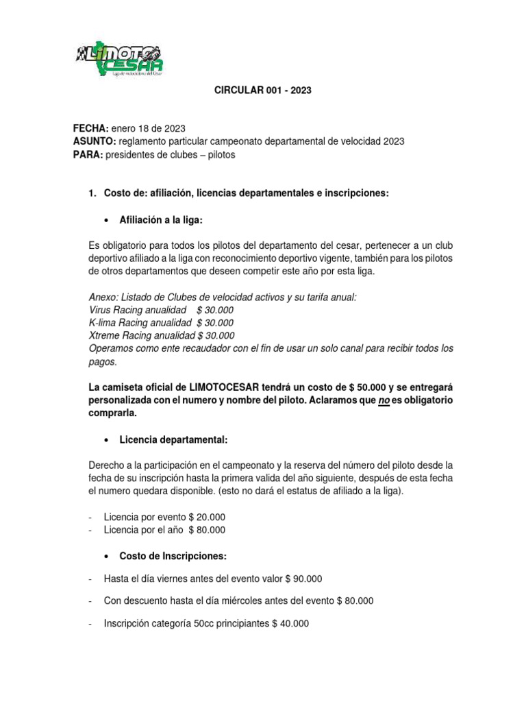 Circular 001 Campeonato 2023 | PDF | Motocicleta | Motociclismo