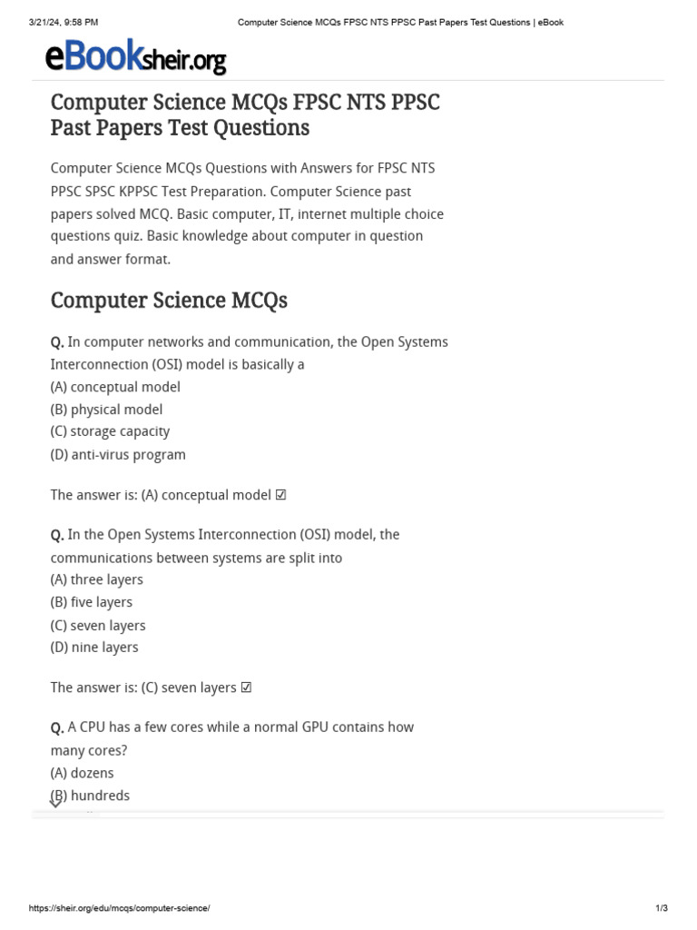 Computer Science Mcqs Fpsc Nts Ppsc Past Papers Test Questions Ebook Pdf Multiple Choice 