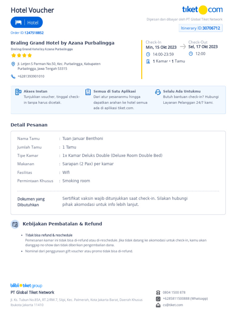 1810474924-Hotel E-Voucher - Order ID 1247518852 | PDF