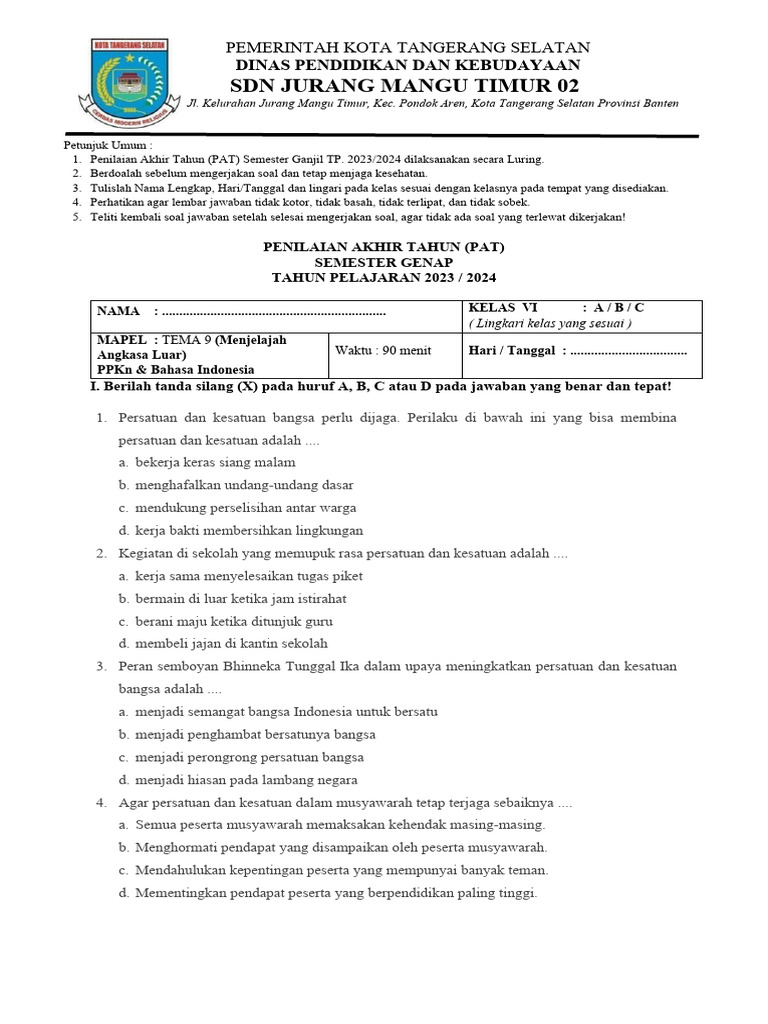 Soal PAT Tema 9 (PKN, B Indo) Kls 6 - 24 | PDF
