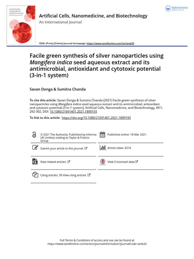 Facile Green Synthesis of Silver Nanoparticles Using Mangifera Indica Seed Aqueous Extract and ...