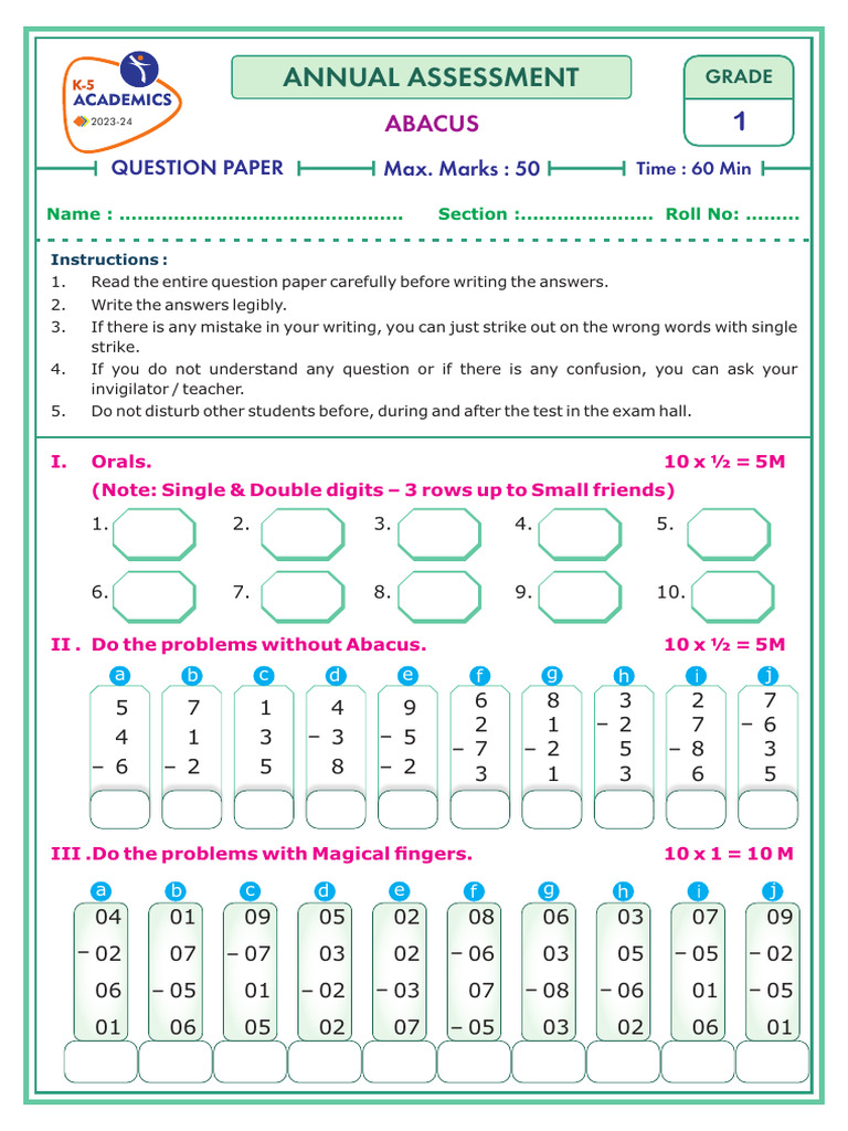 Grade 1 Abacus Annual Assessment Paper | PDF | Qualifications ...